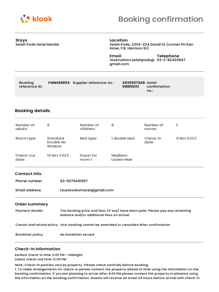 Booking Confirmation: Stays Location Email Telephone | PDF