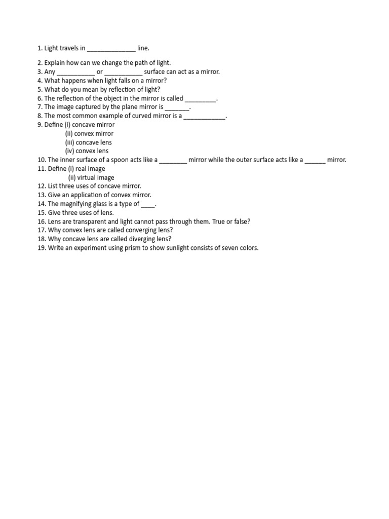 Class 7 Science Light Worksheet | PDF