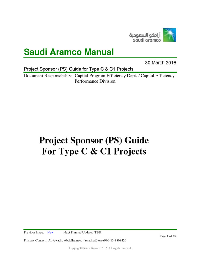 Saudi Aramco Manual: Project Sponsor (PS) Guide For Type C & C1 Projects | PDF | Project ...