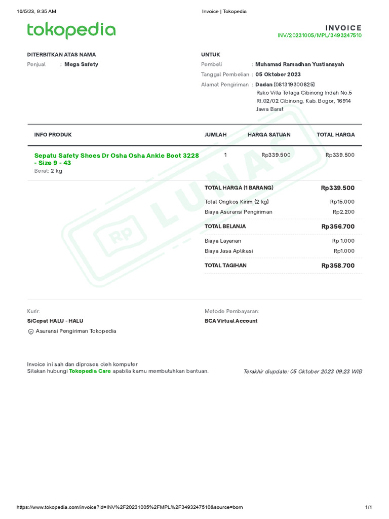 Invoice - Tokopedia Safety Shoes 4 | PDF