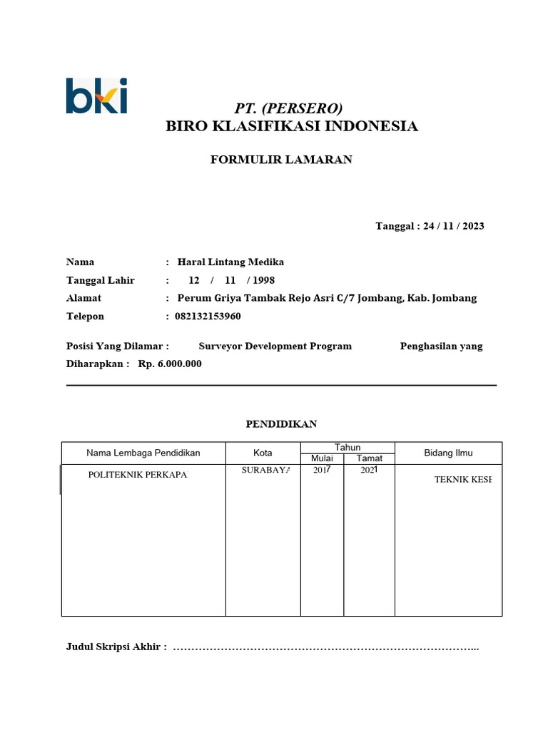 Form Lamaran BKI | PDF