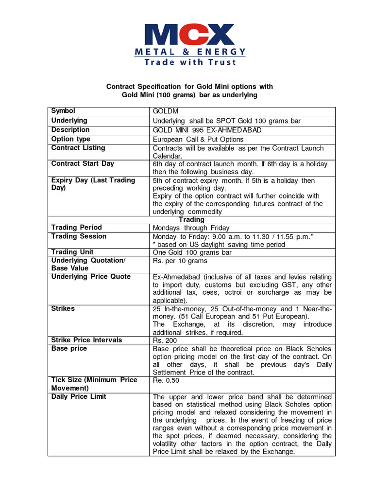 Gold Mini Options (In Goods) January 2021 Contract Onwards | PDF