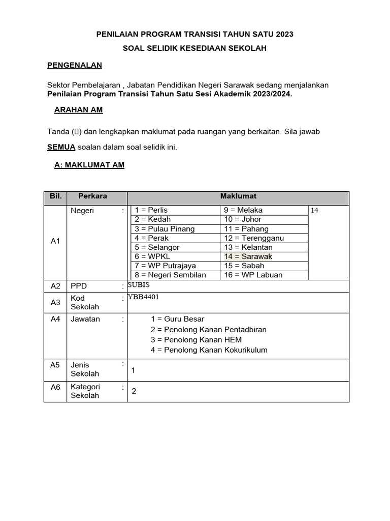 Soal Selidik Kesediaan Sekolah SK BELIAU ISA | PDF