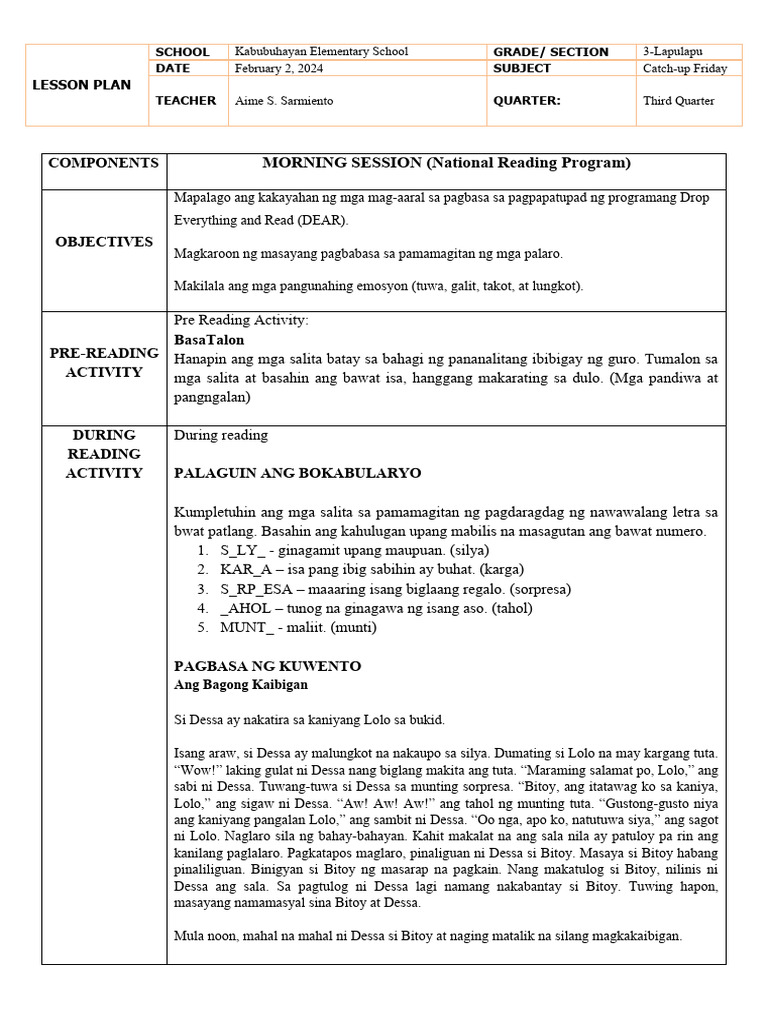 Catch Up Friday Lesson Plan Feb2 | PDF