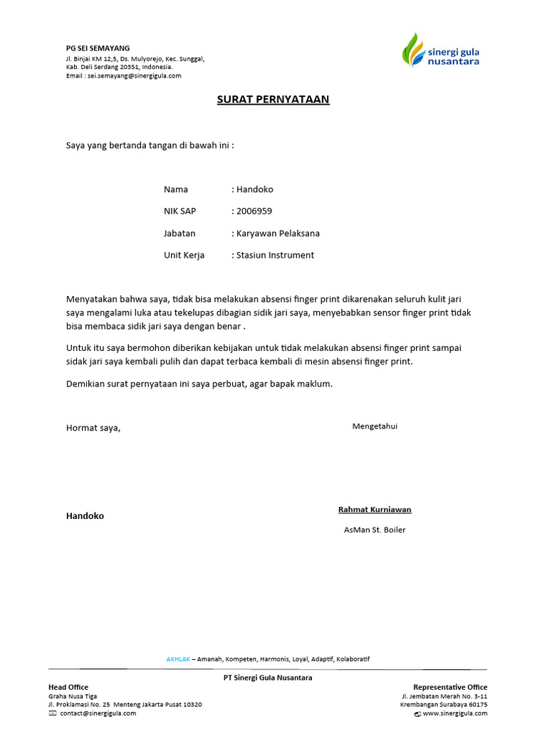 Surat Pernyataan Tidak Bisa Finger PDF | PDF