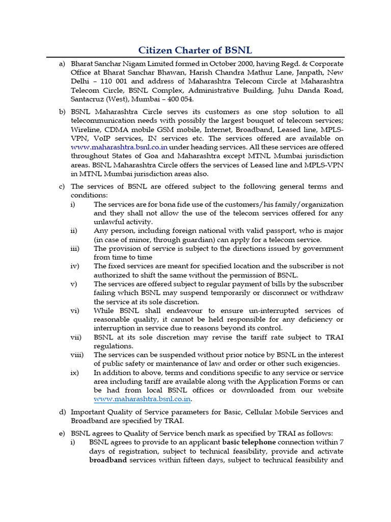 Citizen Charter of BSNL | PDF | Telecommunications | Service Industries