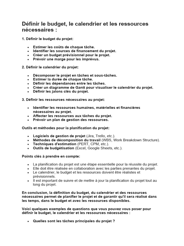 Budget, calendrier et ressources projet | PDF | Planification
