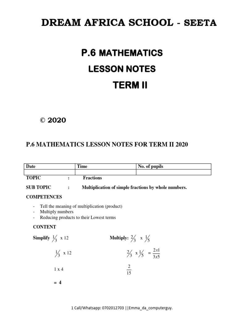 P.6 Math Lesson Notes: Fractions | PDF | Ratio | Multiplication