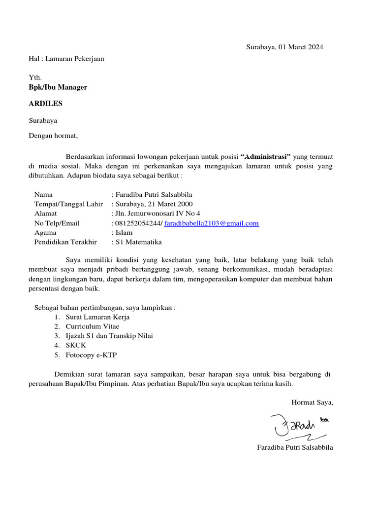 Surat Lamaran Admin Ardiles | PDF