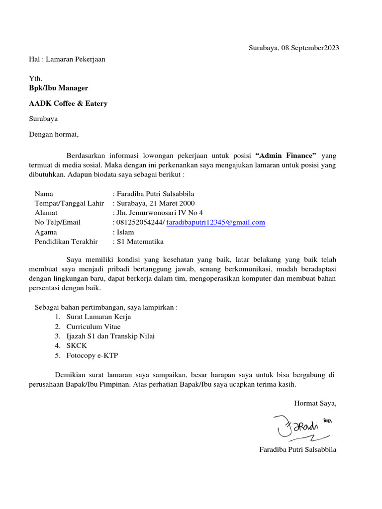 Surat Lamaran Admin Finance AADK | PDF