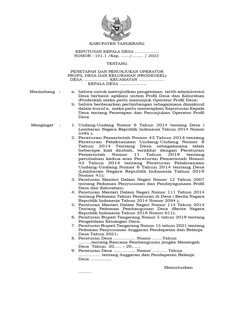 SK Penunjukan Operator Prodeskel Desa | PDF