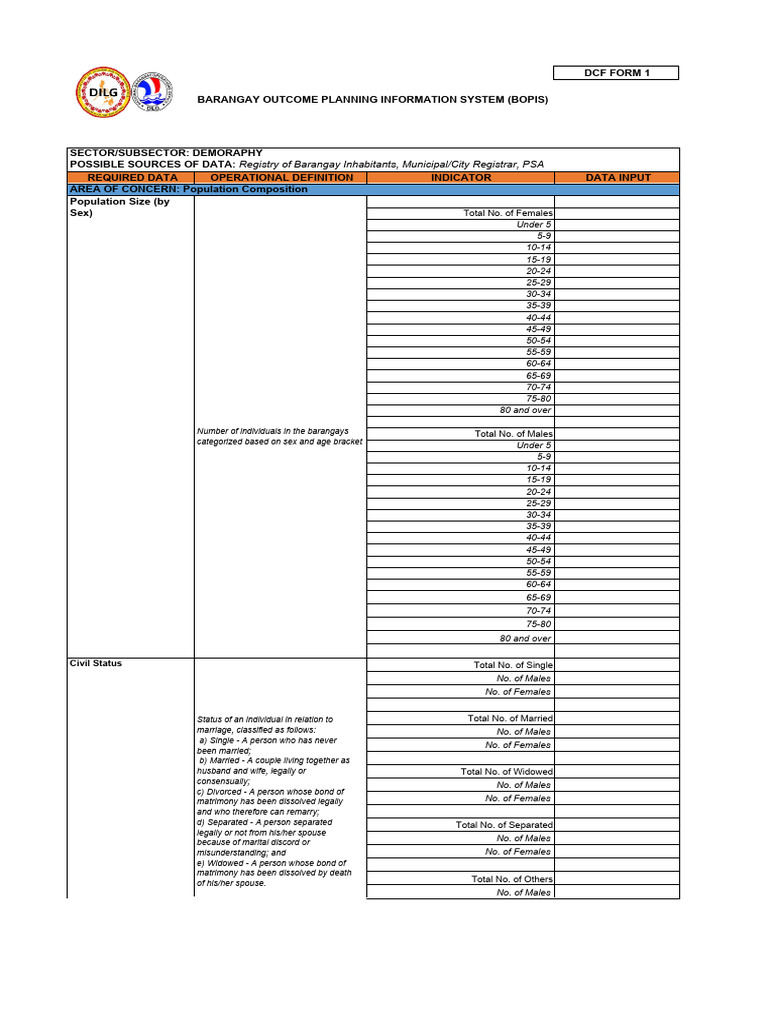 1.8 Annex 4 Bopis DCF Form 1 | PDF | Marriage | Demography