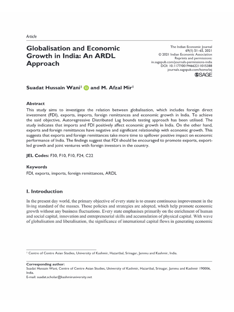 Globalisation and Economic Growth in India - An ARDL Approach | PDF