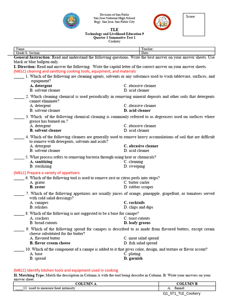 TLE 9 Cookery Summative Test Q1 | PDF | Salad | Foods
