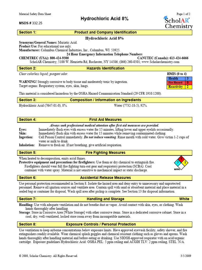 Msds HCL 4N | PDF | Hydrochloric Acid | Firefighter