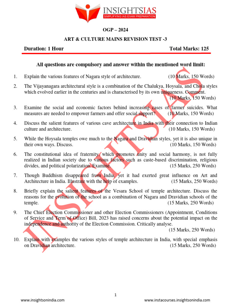 OGP 2024 Batch 8 Bengaluru Art & Culture Mains Revision Test 3 QP | PDF