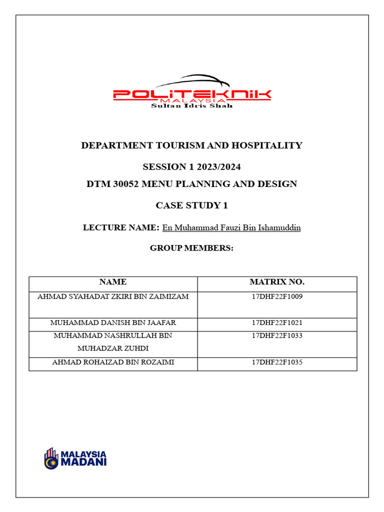 Case Study 1 - Menu Planning | PDF | Restaurants | Menu