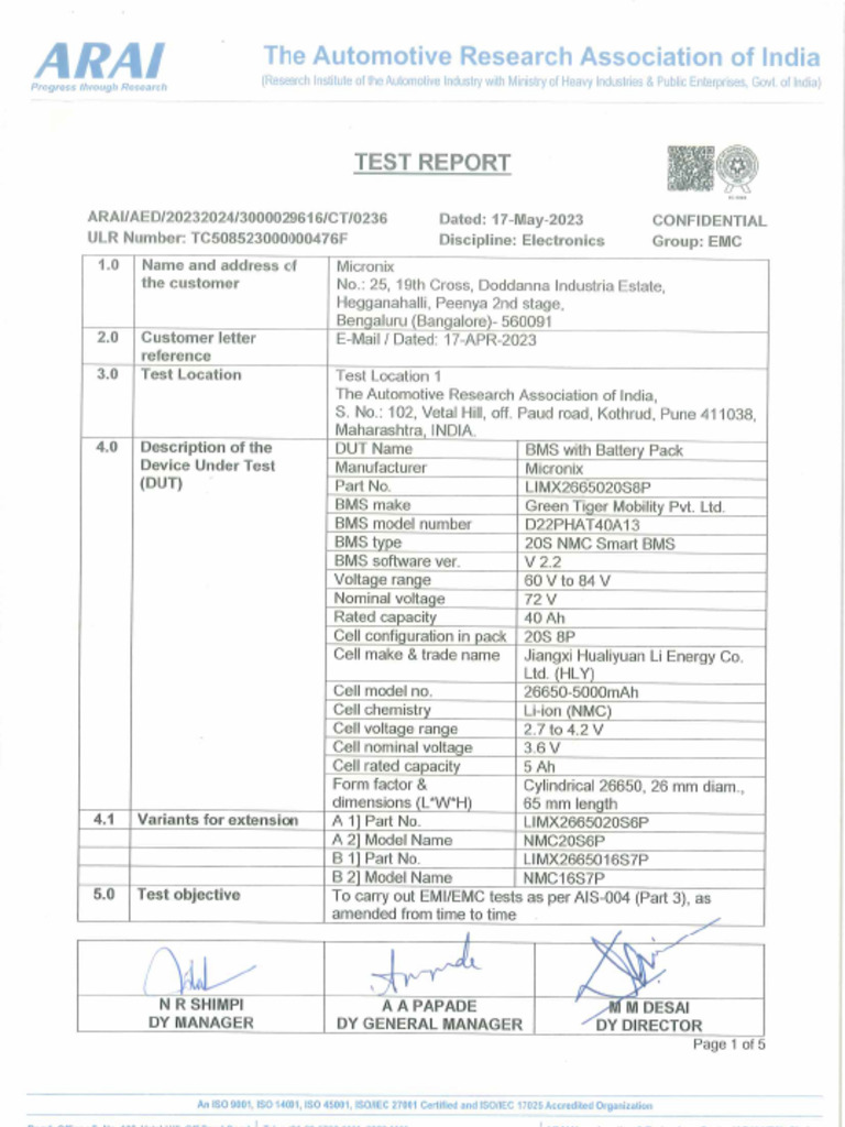 BMS Emi Emc Test Report Arai Greentiger | PDF