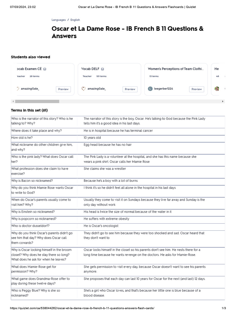 Oscar et La Dame Rose: Key Q&A Insights | PDF