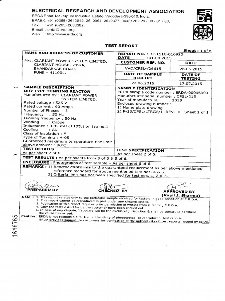 Type Test Certificate For Reactors | PDF