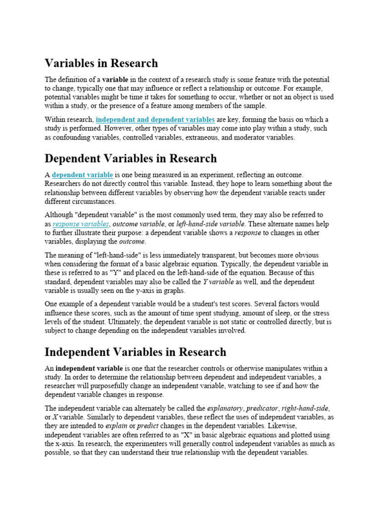 Variables in Research | PDF | Dependent And Independent Variables | Experiment