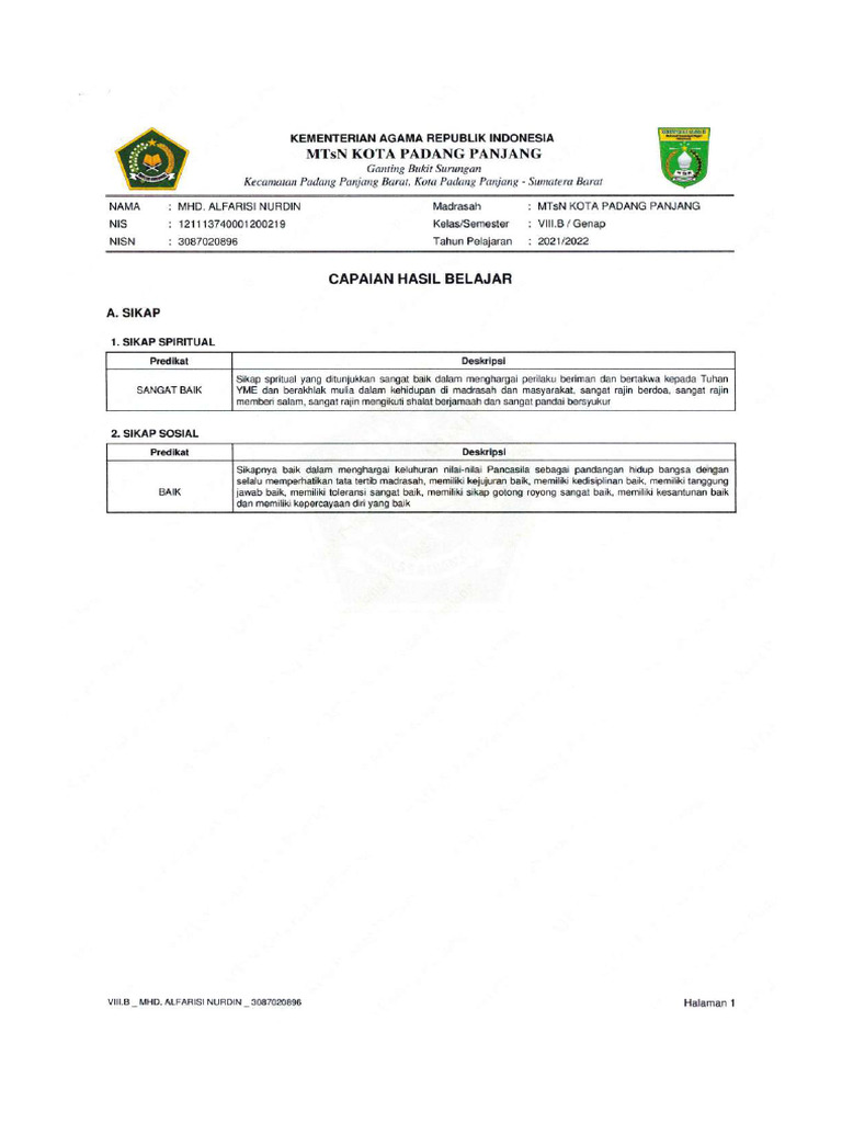 Raport MTs MHD - Alfarisi - Nurdin - Kls - VIII.B - GENAP - 2021 - 2022 ...