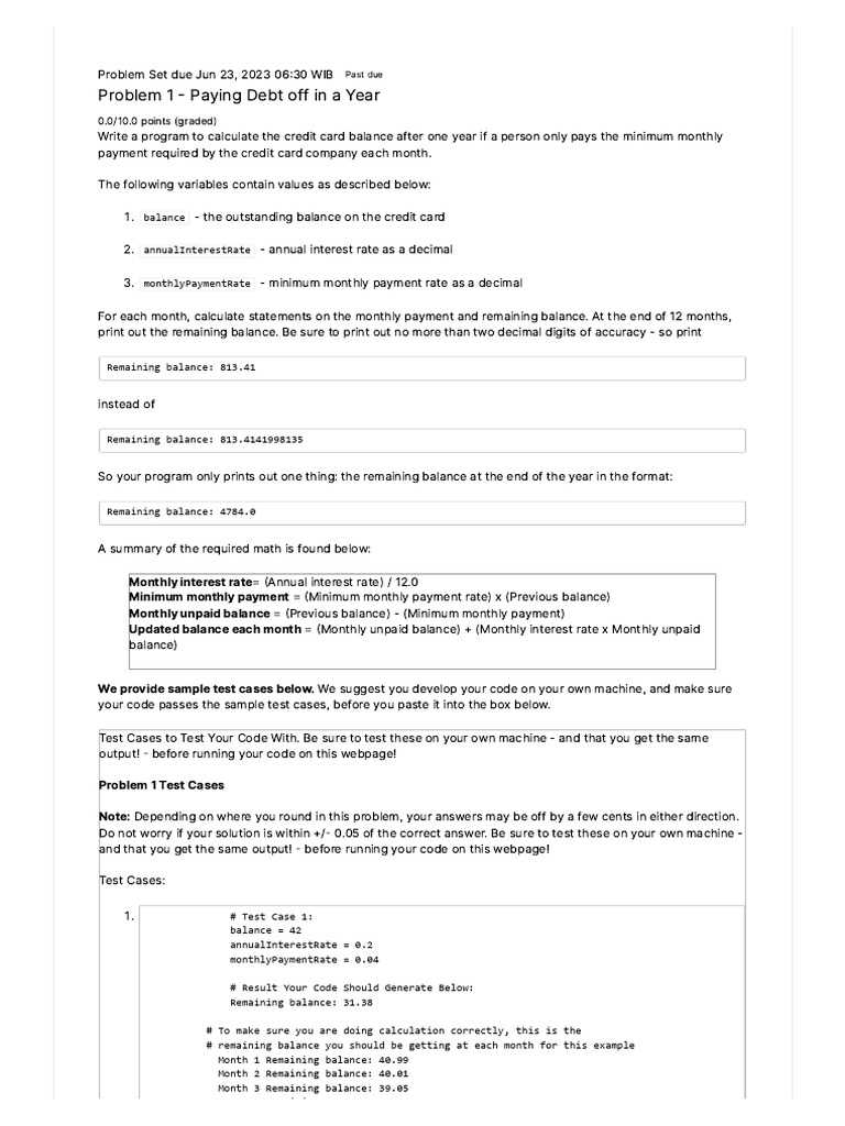 Problem Set 2 - Unit 2 - Simple Programs - Problem-1 | PDF | Interest | Credit Card