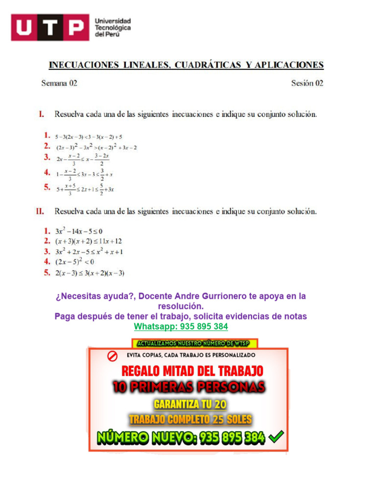 S02.s1 - Ejercicios Inecuaciones Lineales, Cuadráticas y Aplicaciones. (Matematica para Los ...
