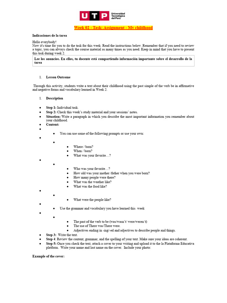 Week 02 - Task Assignment - My Childhood - CON PRONUNCIACION - 2024 | PDF | Linguistics | Writing