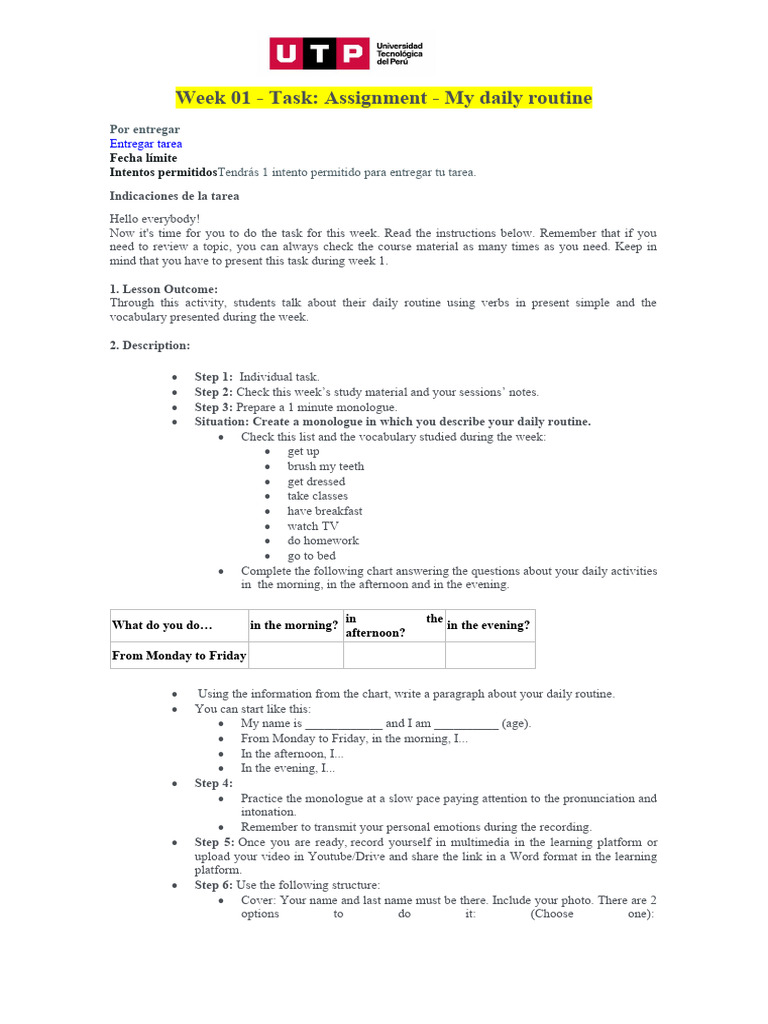 Week 01 - Task Assignment - My Daily Routine - CON PRONUNCIACIONdocx | PDF | English Language ...