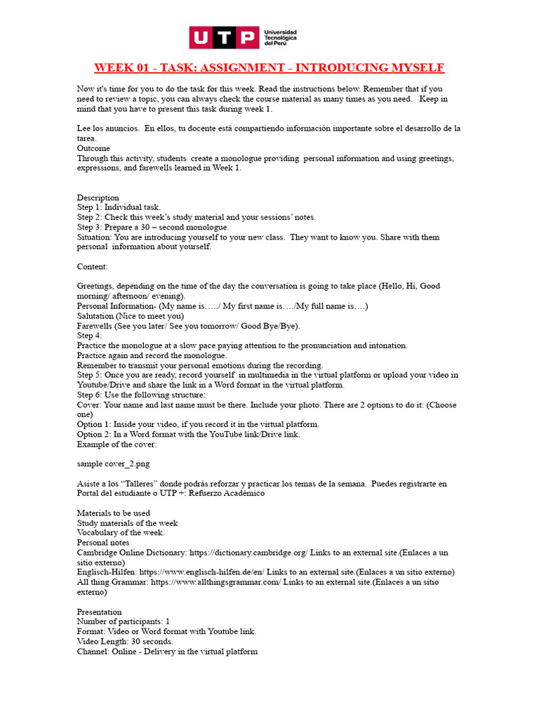 Week 01 - Task Assignment - Introducing Myself - Con Pronunciacion - 2024 | PDF | You Tube ...