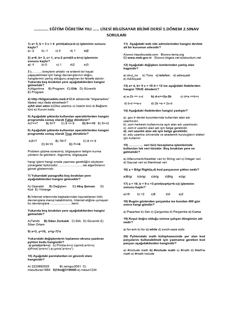 Bilgisayar Bilimi Dersi 1. Donem 2. Sinav Sorulari Ornek 4 | PDF