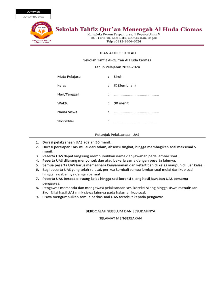 UAS Siroh Kls 9 | PDF