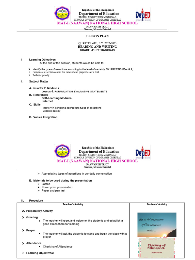 Lesson Plan Cot 2 2023 RW | PDF | Teachers | Cognition