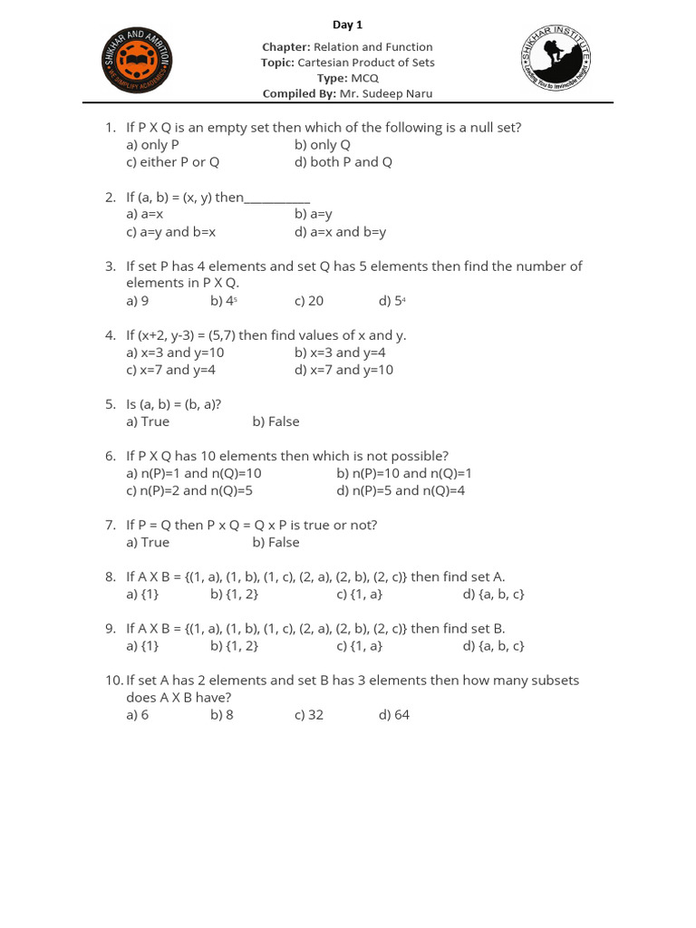 MCQ (Cartesian Product and Relation) - Sanfoundary | PDF MCQ (Cartesian Product and Relation) - Sanfoundary | PDF