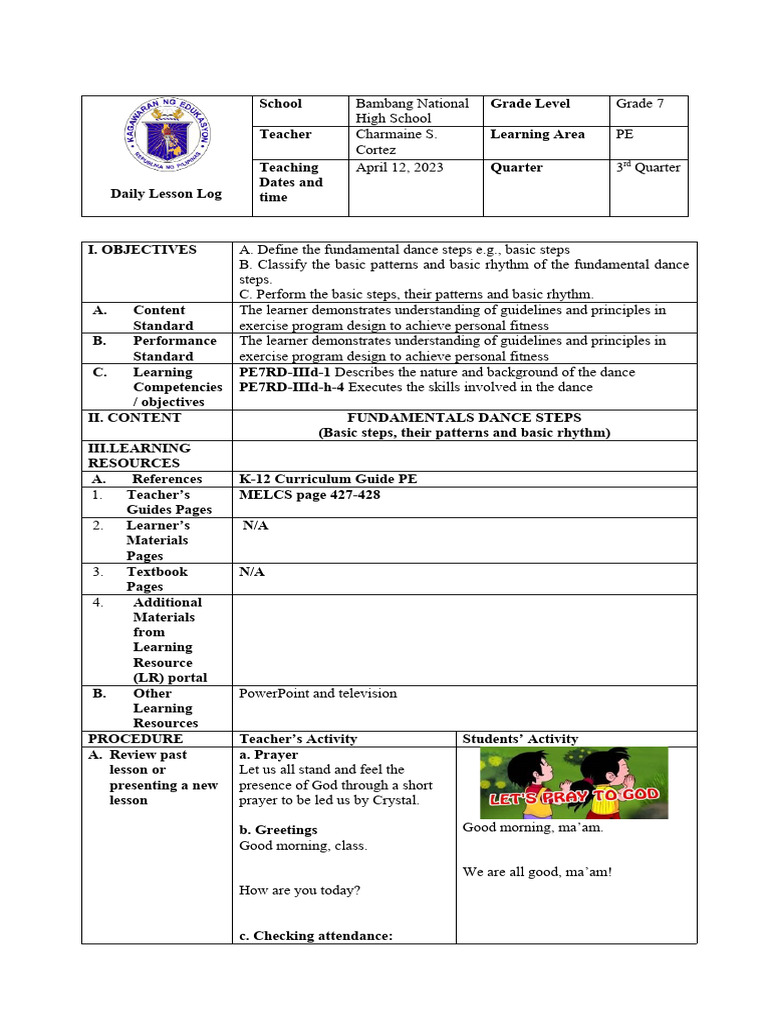 Grade 7 PE Dance Lesson Plan | PDF | Dances | Teachers