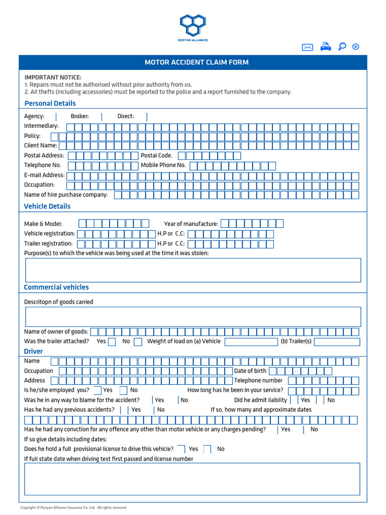 Kenyan Alliance Motor Accident Claim Form | PDF | Vehicles | Nairobi