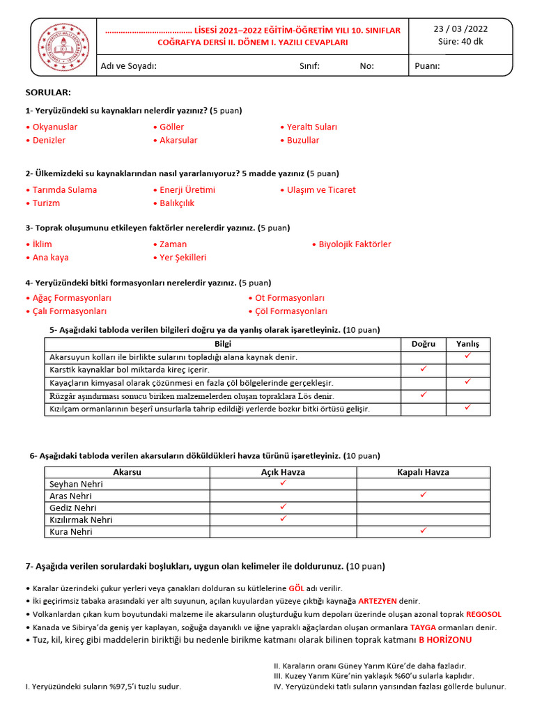 10 Sinif 2 Donem 1 Yazili Cevap Anahtari 2022 | PDF