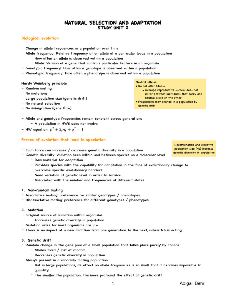 Natural Selection And Adaptation Notes Pdf