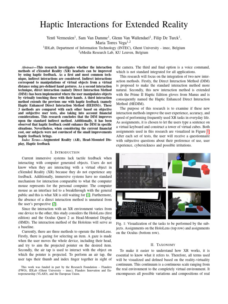 (Input Technologies) Haptic Interactions For XR | PDF | Augmented Reality | Virtual Reality