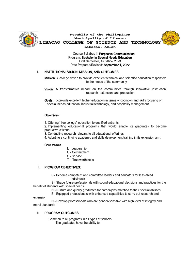 Purposive Communication Syllabus 2022 | PDF | Learning | Curriculum