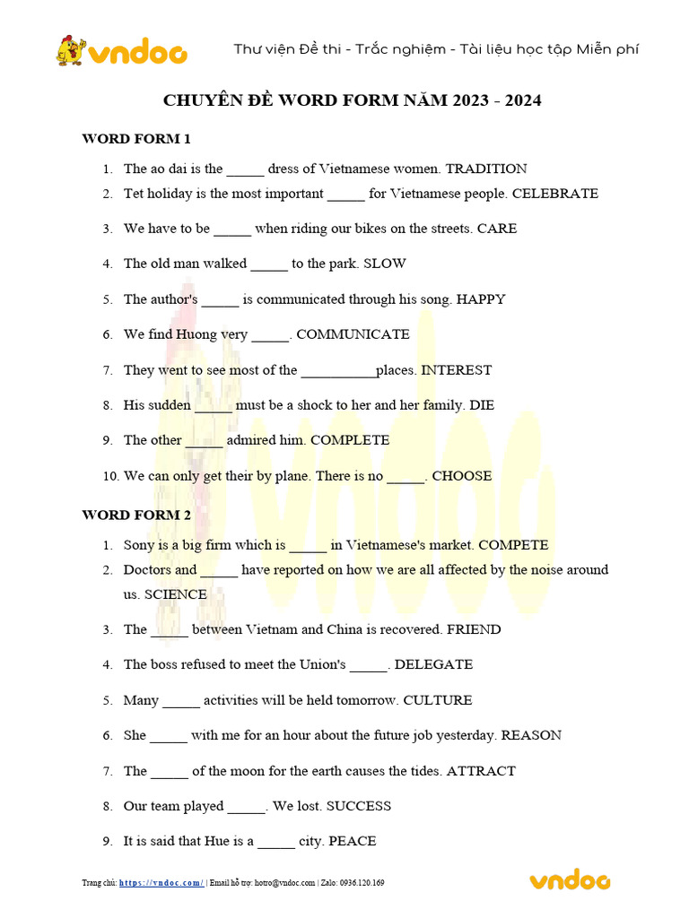 135 Cau Bai Tap Word Form Luyen Thi Vao Lop 10 | PDF