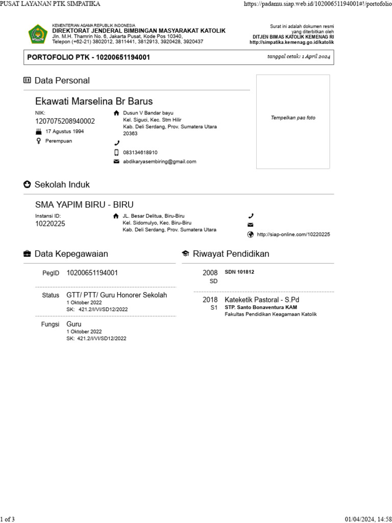 Pusat Layanan PTK Simpatika Ekawati BR Barus | PDF