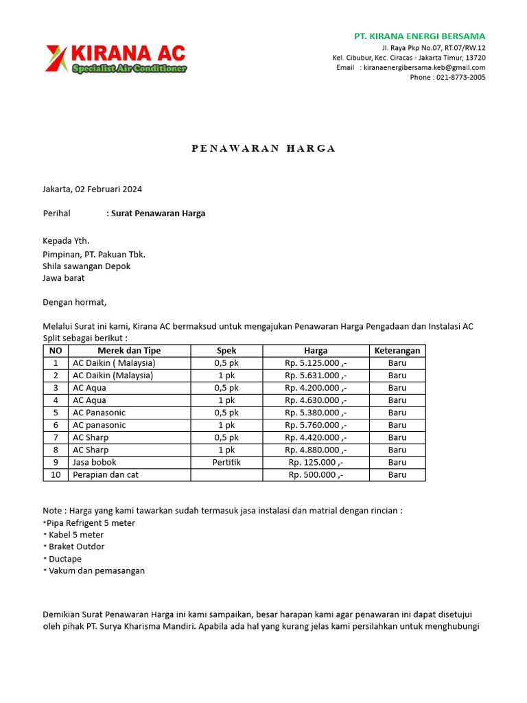 Penawaran Ac New | PDF