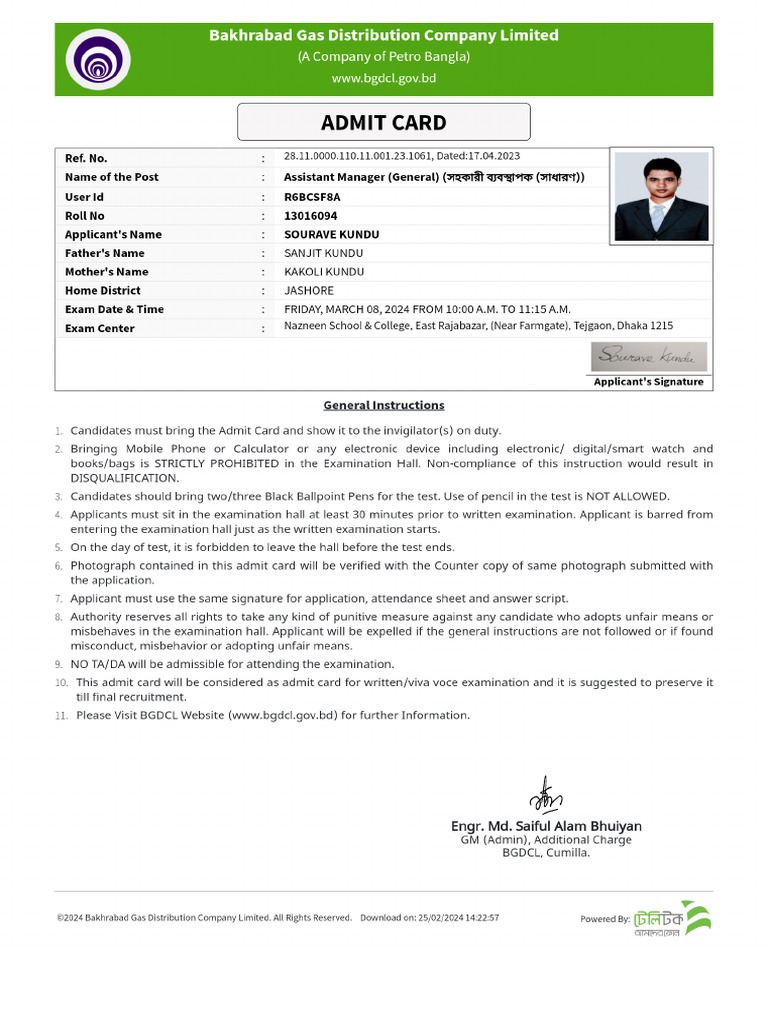 AdmitCard BGDCL R6BCSF8A | PDF