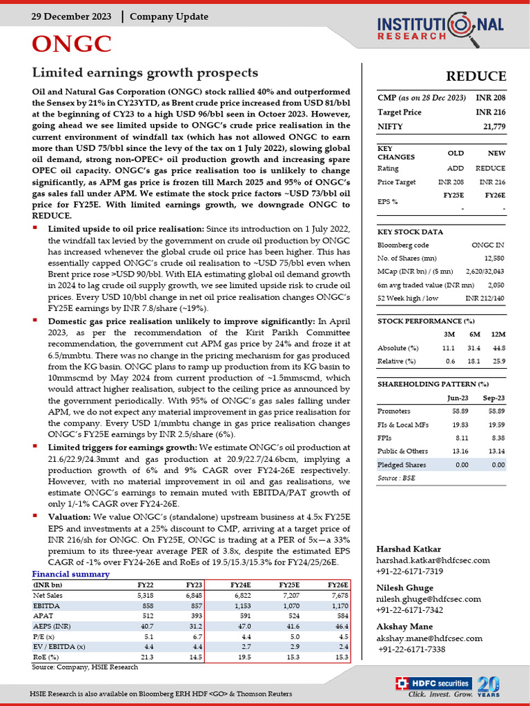 ONGC Earnings Outlook: Downgrade to REDUCE | PDF | Expense | Business ...