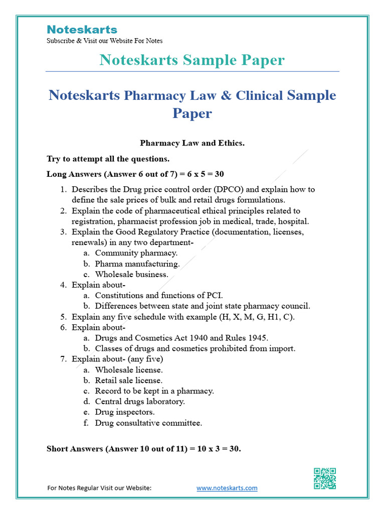 Pharmacy Law & Ethics Sample Paper 2024 | PDF | Pharmacy | Drugs