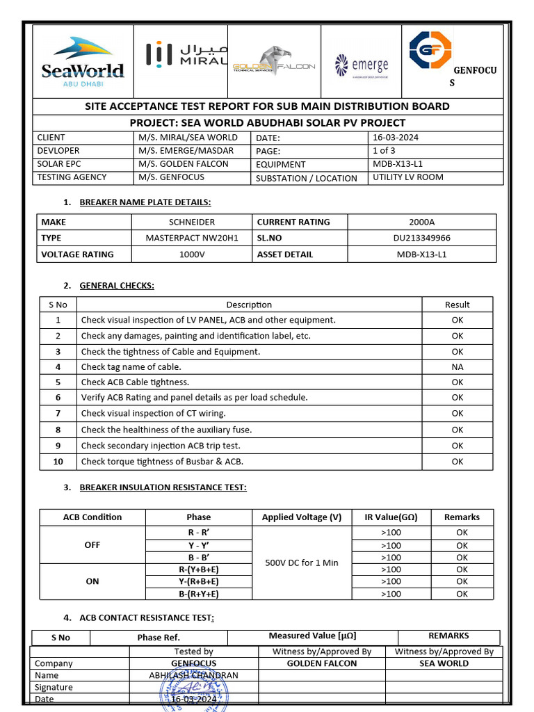 Site Acceptance Test Report For Sub Main Distribution Board Project ...