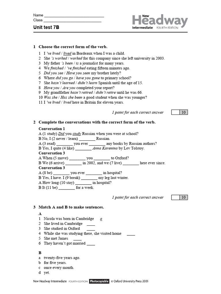 Unit Test 7B: Verb Forms and Usage | PDF