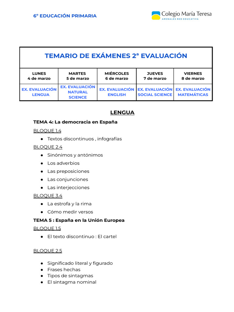 Temario Exámenes 6º Primaria | PDF | División (Matemáticas) | Matemática Elemental